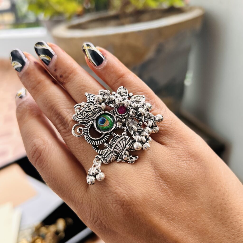 Silver Peacock Design Cocktail Ring – Party Wear Adjustable Ring ...